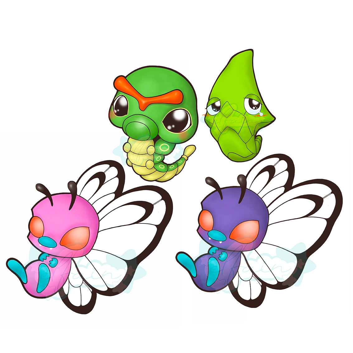 Cute Caterpie, Metapod, Butterfree and pink Butterfree PACK illustrati ...